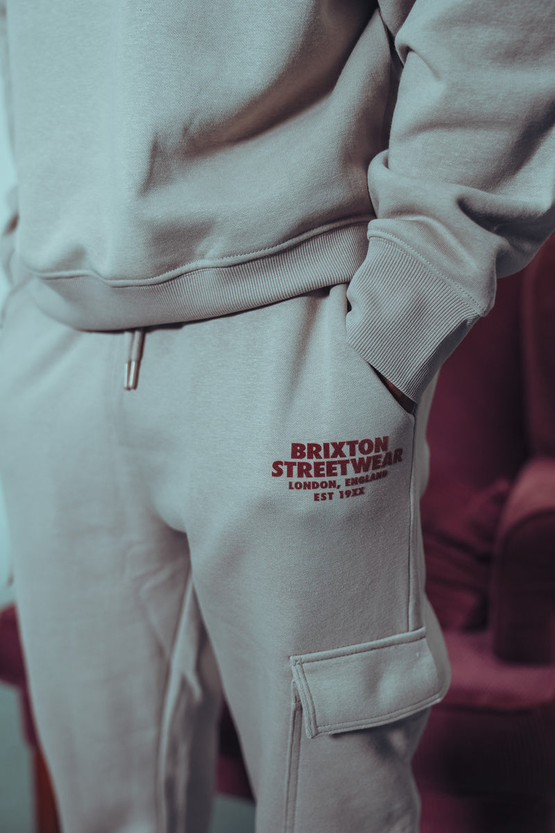 Stone Cargo Tracksuit Bottoms - Brown London Block Logo – Brixton ...